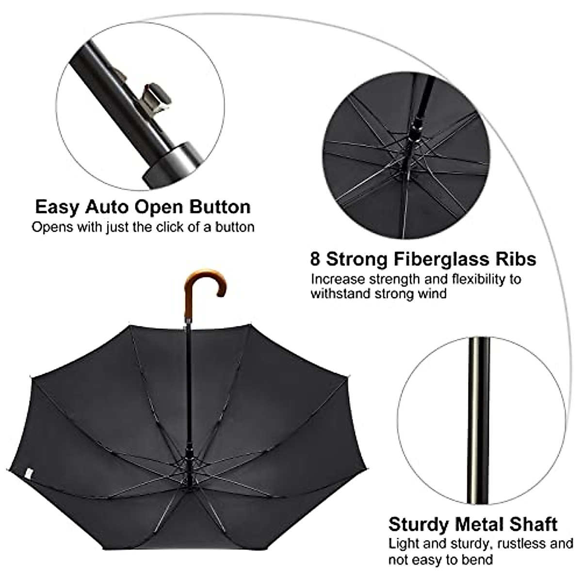 G4Free Wooden J Handle Umbrella 54 Inch Large Auto Open Classic Windproof Rain Stick Umbrellas for Men Women (Black)