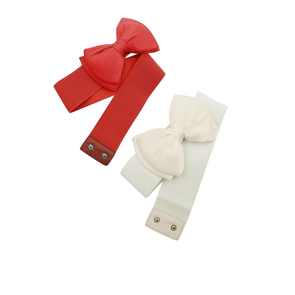 Allegra K Women Press Studs Closure Bowknot Elastic Waist Belt White+Red