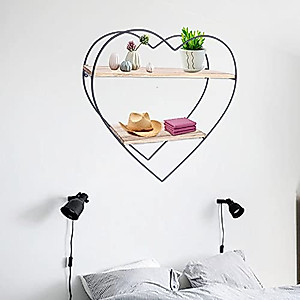 DYRABREST Heart Metal Wall Shelf 2-Tire Iron Wood Floating Shelves Storage Hanging Shelf Display Storage Organizer for Modern Bedroom Bathroom Kids Room Decoration Gifts