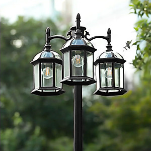 Dusk to Dawn Outdoor Lamp Post Light with GFCI Outlet, Triple Head Aluminum Street Light Post for Outside with Sensor, Waterproof Birdcage Pole Lighting Fixture for Backyard Garden Patio Driveway