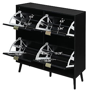 ZeHuoGe Large Rattan Shoe Cabinet with 4 Flip Drawers, Black 2-Tier Shoe Rack Boho Storage Cabinet for Heels, Boots, Slippers, Free Standing Shoe Rack, Entrance Hallway (Black)