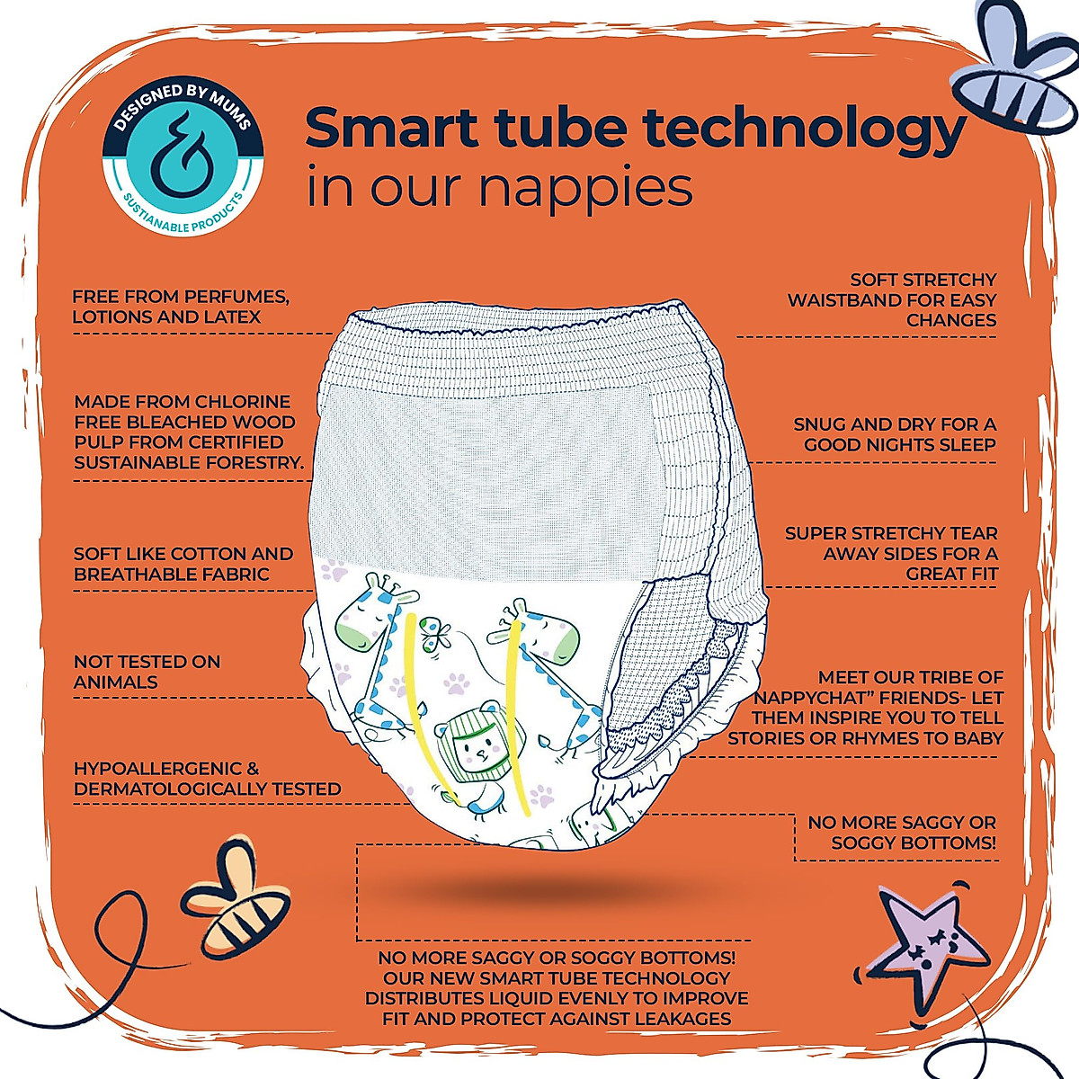 M&Y Nappychat Premium Performance Eco Diapers, Size 4 (38 Diapers) Smart Tube Technology. Leak Protection. 100% Recyclable. Hypoallergenic, Dermatologically-Tested No Lotion, Perfume or Dyes