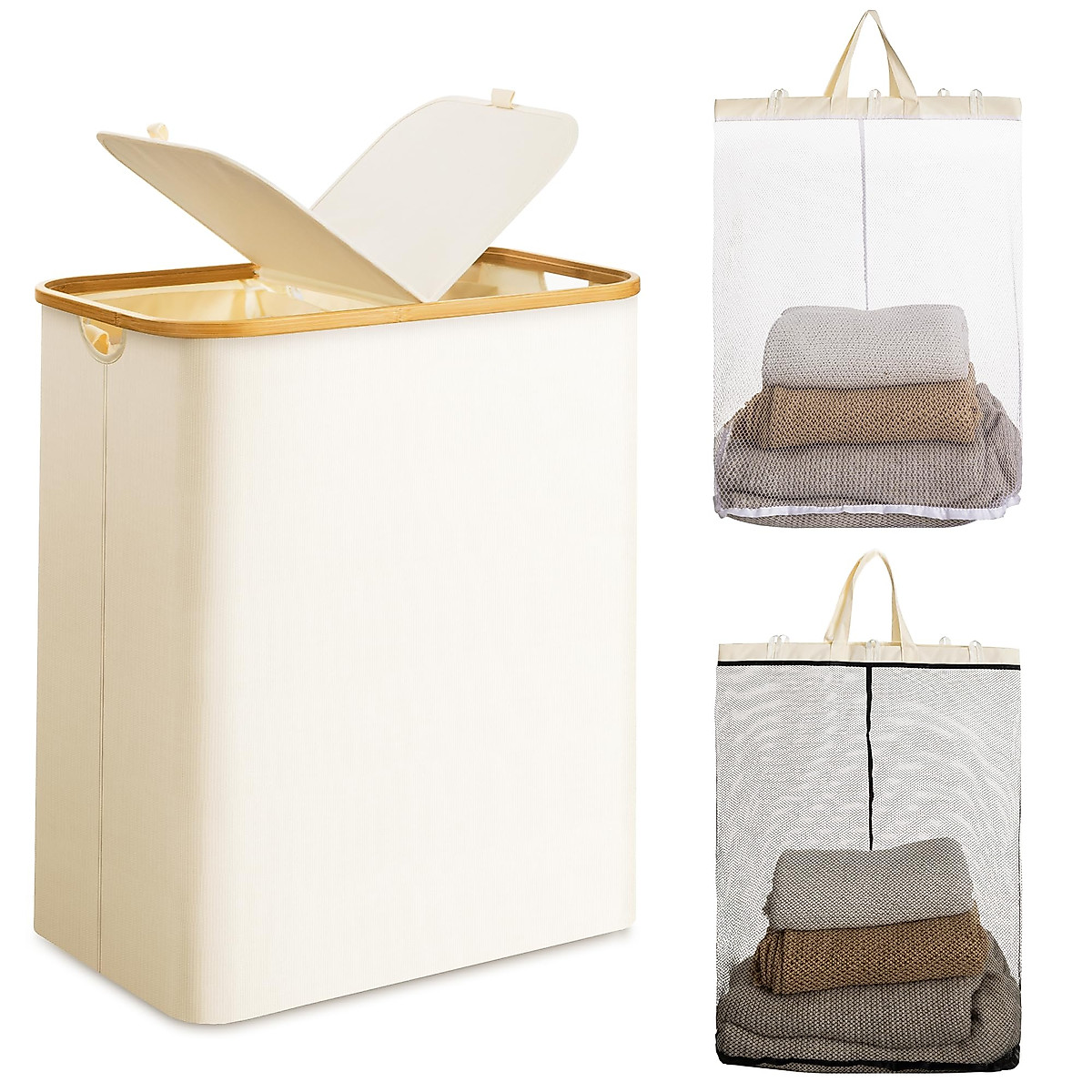 joybest Laundry Hamper with Lid, Beige Large Double Laundry Basket with Bamboo Handles Removable Bags, 2 Section Dirty Clothes Hamper for Laudry Room, Bathroom & Bedroom