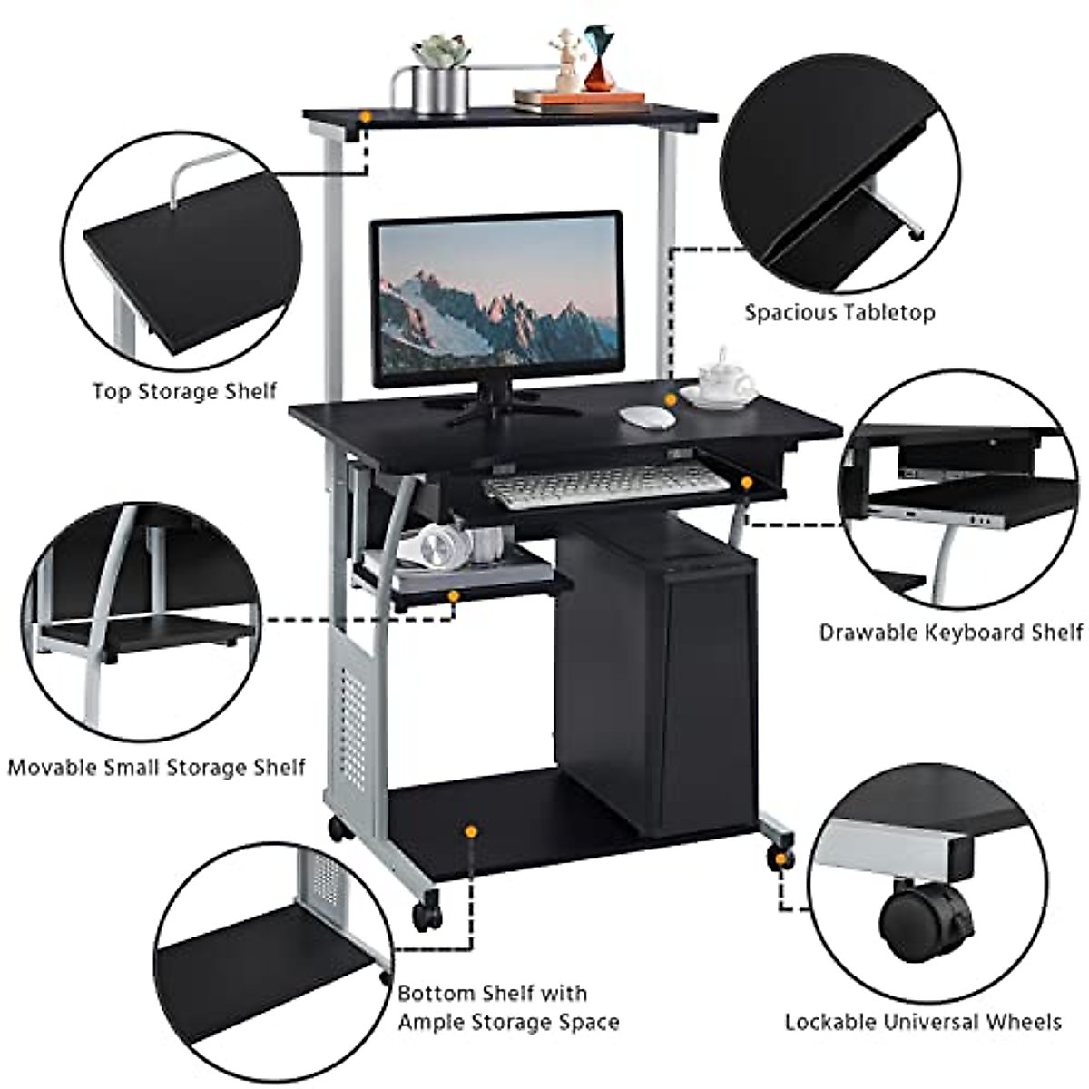 Topeakmart 3 Tier Computer Desk with Printer Shelf and Keyboard Tray, Home Office Desk Computer Workstation Rolling Study PC Laptop Table for Small Spaces Black
