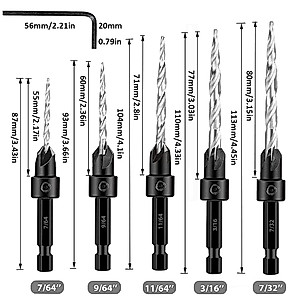 Eyech 5pc Wood Countersink Drill Bit Set Taper Drill Countersink Set 1/4" Hex Shank for Woodworking 7/64 9/64 11/64 3/16 7/32