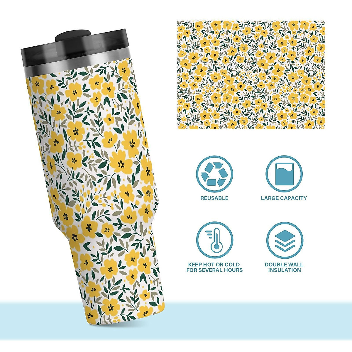 Yasala Car Tumbler with Handle Spring Yellow Flower Cute Travel Mug Coffee Cup Insulated Beverage Container Mega Cup for Hot Cold Drinking Thermos Water Bottle Cupholder Friendly 40 oz