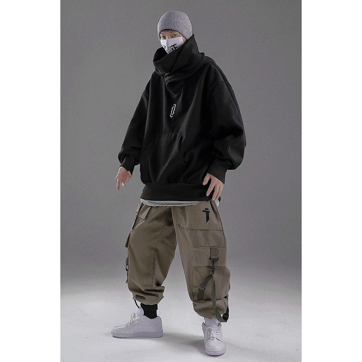 Niepce Inc Streetwear Men's Oversized Hoodie with Neck Gaiter (Black, Large)