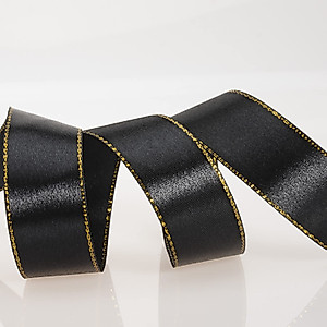 YASEO 25 Yards 1 Inch Black Satin Ribbon with Gold Edges, Gold Border Fabric Ribbons for Gift Wrapping and Crafts