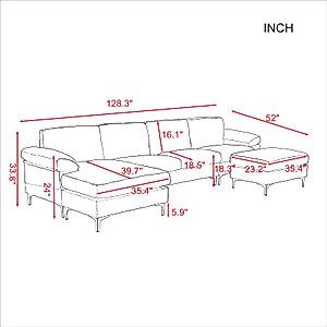 Knowlife Modern Corner Sectional Futon Sofa with Removable Cushions and Ottomans Convertible Sofa Couch for Living Room, 128”L (Dark Grey)