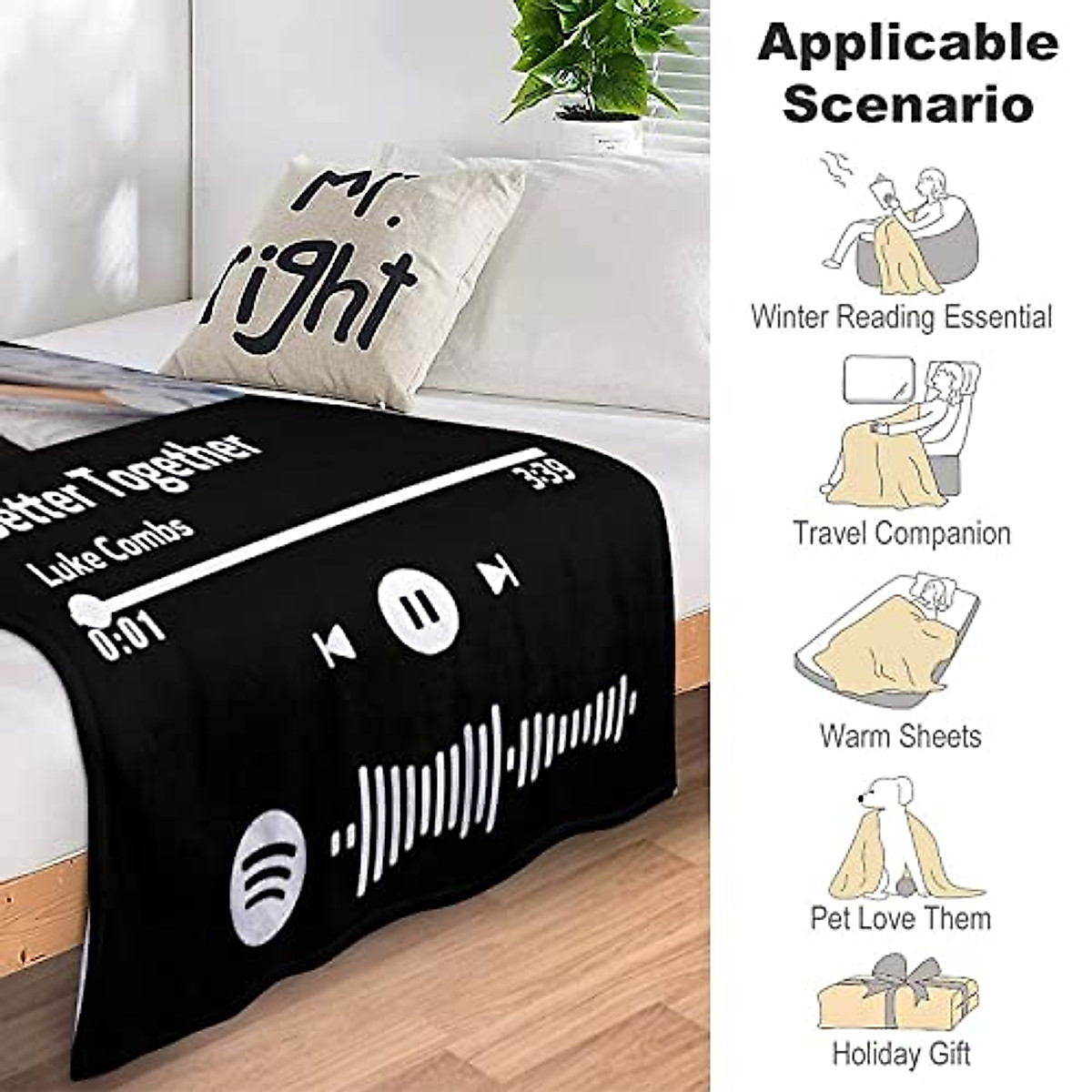 Personalized Spotify Code Music Blanket,Customized Blankets with Photos for Couples Lover, Custom Flannel Blankets Using Photos of Family, Friends, Dog, Cat Or Pet, Birthday Valentines Gifts
