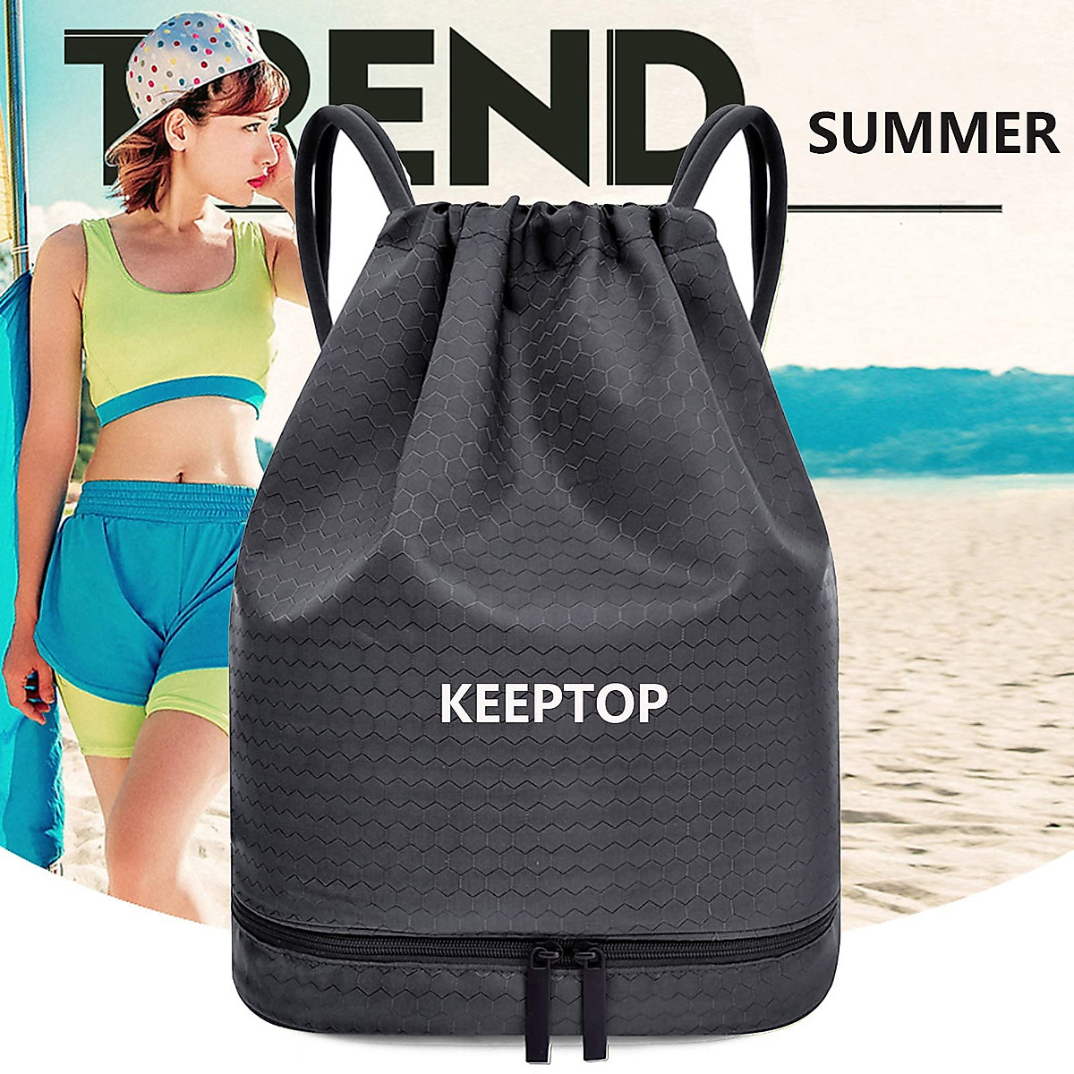 KEEPTOP Waterproof Drawstring swim Bag Sackpack Backpack,Dry Wet Depart,Swimming Gym Yoga Sport Shoulder Rucksack Daypacks Casual Bags (CLASSIC BLACK)