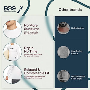 BPS Men's Long Sleeve Swim Shirt/Rash Guard with Sun Protection (White, M)