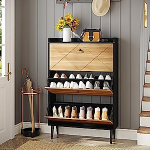Freestanding Shoe Rack Organizer Shoe Storage Cabinet with 3 Flip Down Drawers for Entryway Hallway Closet Wood Grain/Black Black Yellow Metal Finish Adjustable Shelving Includes Hardware