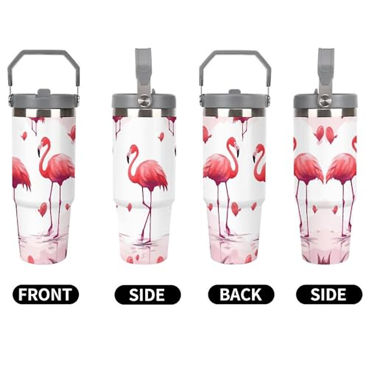 RTFGHJS Lovely Flamingos 30 Oz Tumbler with Handle And Flip Straw, Stainless Steel Vacuum Insulated Travel Mug, Thermal Cup for Coffee, Water, Iced Drinks, Fits Car Cup Holders (Home, Sports)