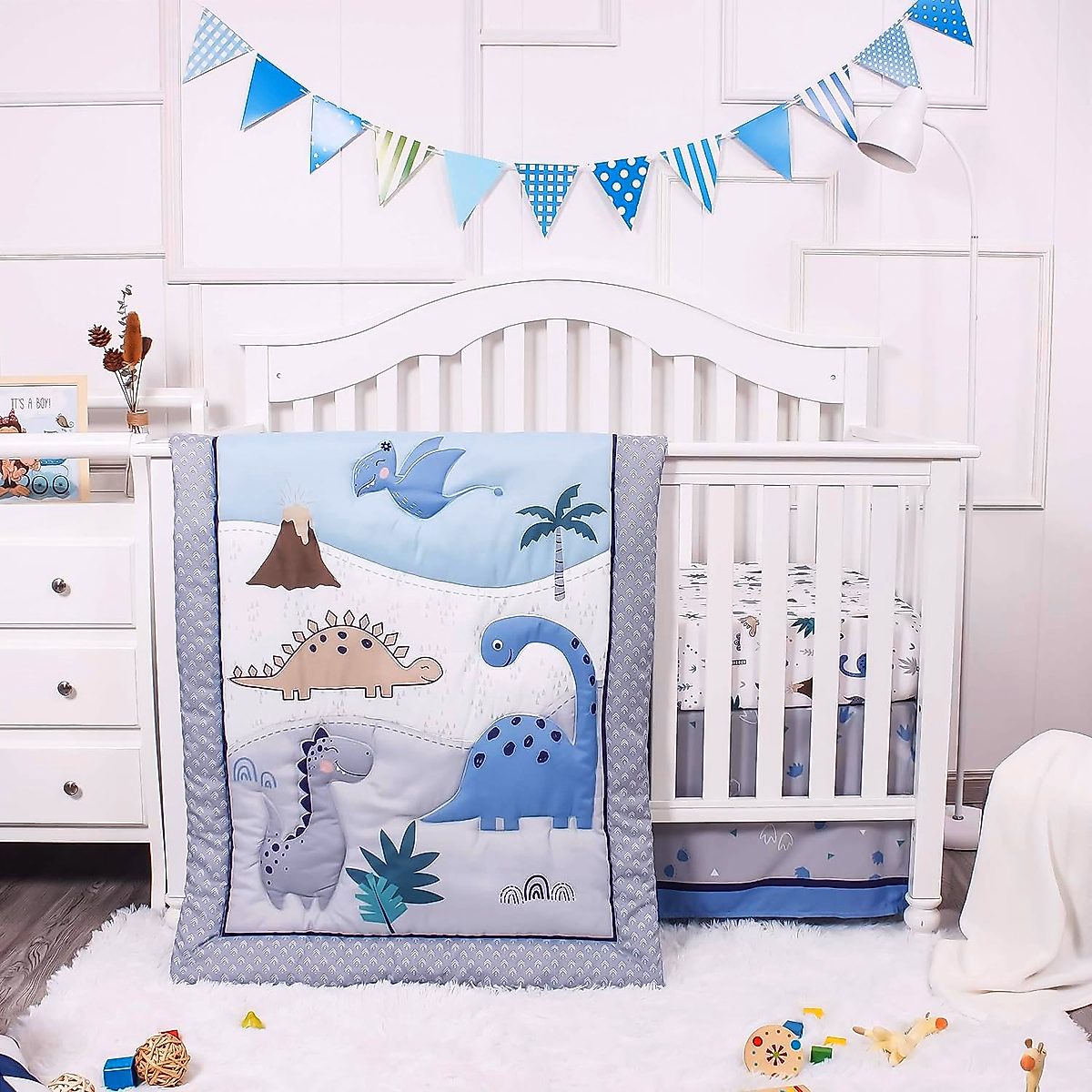 La Premura Baby Crib Bedding Set for Boys – Dinosaur 3 Piece Standard Size Nursery Crib Comforter Set, Grey/Blue - Unisex Baby Nursery Bedding and Neutral Decor