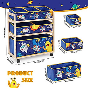 Kids Toy Storage Organizer with 6 Oxford Cloth Bins and 4 Wheels,Wooden Children Storage Rack,Extra Large Capacity Bookshelf Bookcase Display Stands Shelf Multi Cabinet for Books Toys