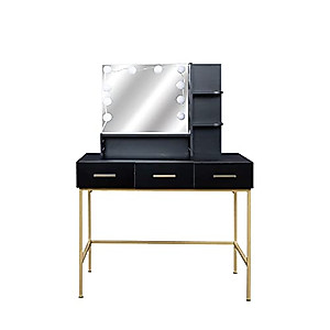 Vanity Set with Mirror and Stool, Vanity Desk with Mirror and Lights, Dressing Table with Drawers, Vanity Mirror with Lights Desk and Chair, Makeup Vanity Chair Stool for Bedroom, Black