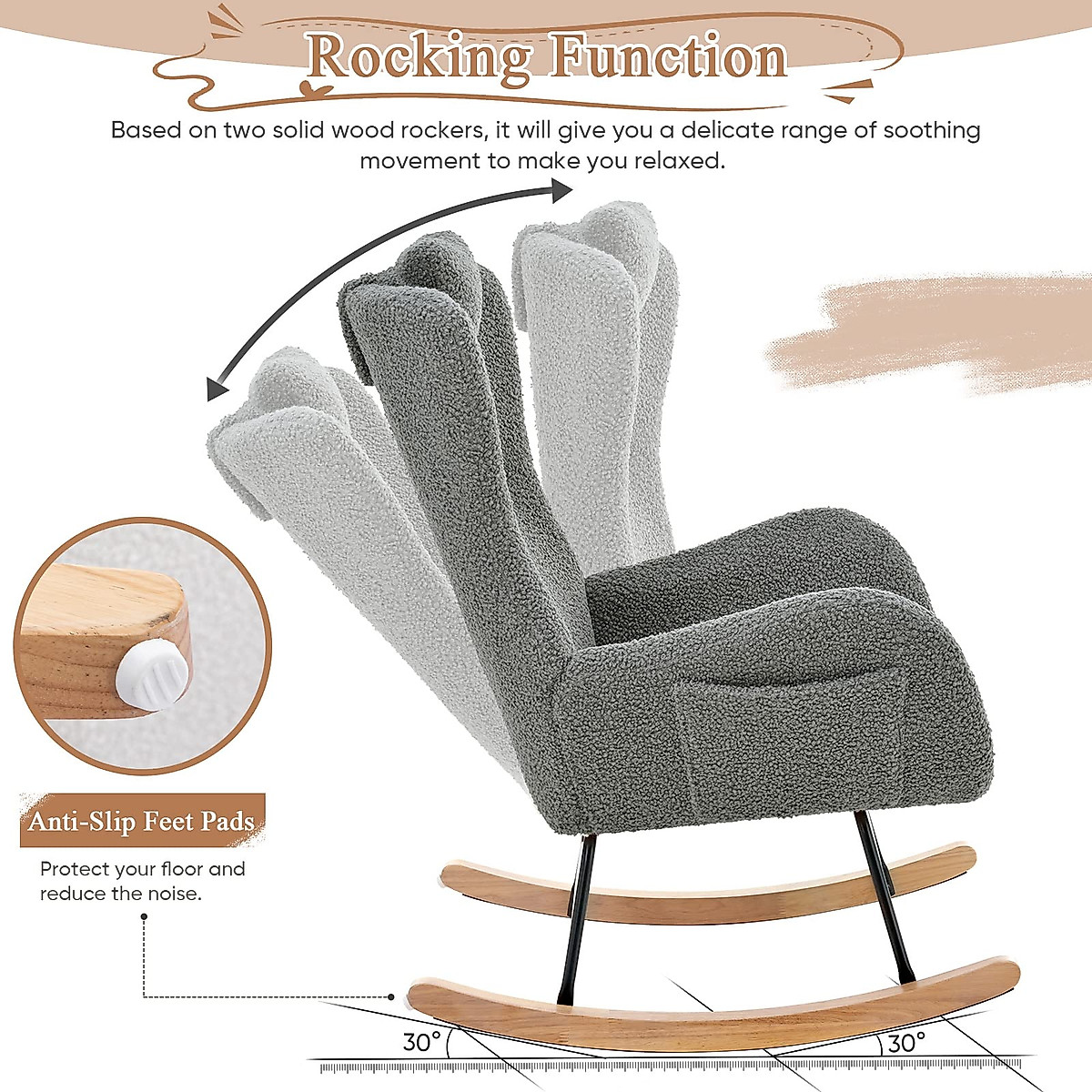 KINFFICT Accent Rocking Chair, Tufted Upholstered Glider Rocker for Nursery, Comfy Armchair with Side Pockets, Modern Lounge Arm Chair for Living Room, Bedroom (Upgraded Teddy Gray)