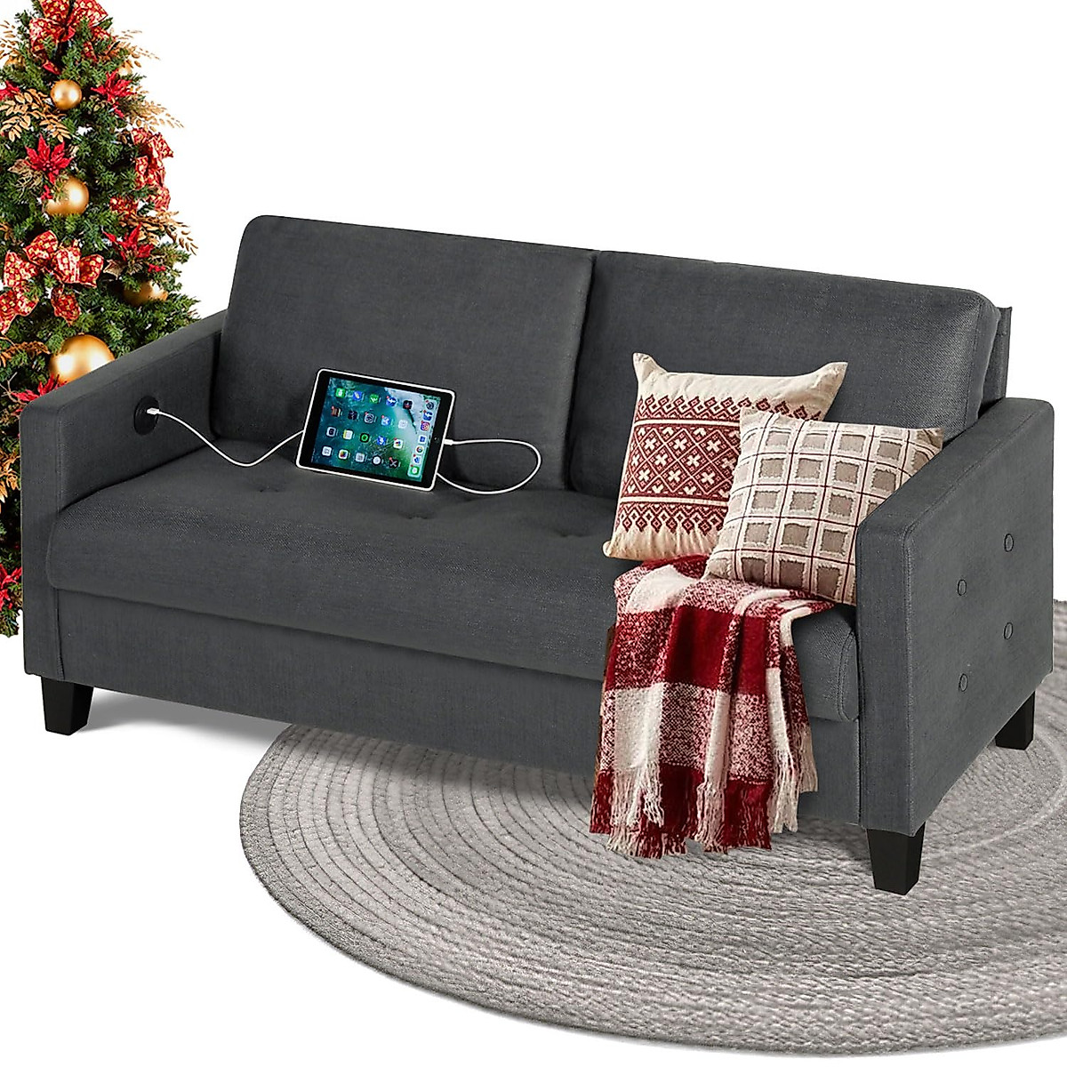 STHOUYN Comfy Loveseat Sofa Small Grey Couch Small Spaces, Small Love Seat Bedroom, Mid Century Modern Couches Living Room Dorm Office, 2 Seater Couch Deep Seat Sofas, 57”W (Dark Grey (Loveseat))