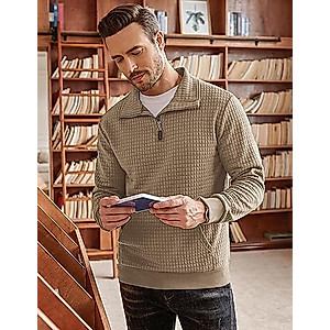 COOFANDY Men 1/4 Collared Sweatshirt Casual Long Sleeve Turtleneck Pullover Zip Up Polo Hoodies Khaki