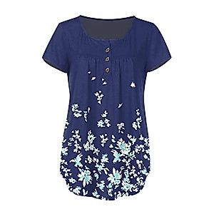 SXAURA Womens Tunic Top for Legging Short-Sleeved Shirt Botton Plus Size Henley Floral Print Graphic V-Neck Ruched Blouse Clothes 2022 Going Out Soft Pullover Navy 4XL