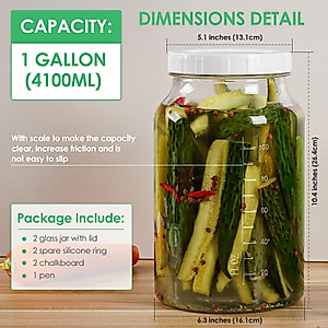 Qianfenie 2 Pack 1 Gallon Glass Jars with Lid, Glass Storage Jars with Airtight Lid and Silicone Gasket - Large Mason Jar w 2 Scale Mark, Wide Mouth Jar for Fermenting Kombucha and Storing Food