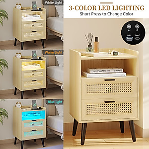 Vlskra Rattan Nightstand with Charging Station, Boho Night Stand with 2 Storage Drawers, Tall Boho Nightstand with Light, 3 Colors Dimmable Lighting, Human Sensor Light (Light Wood)