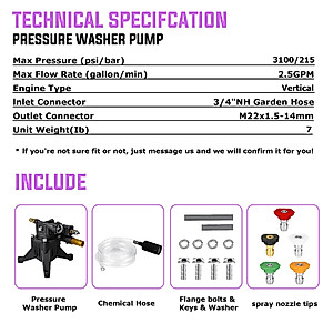 Vertical Pressure Washer Pump 7/8" Shaft Compatible with Homelite 308653052, 308653006, 308653054, 308653093 and more Max 3100 PSI 2.5 GPM Power Washer Pump
