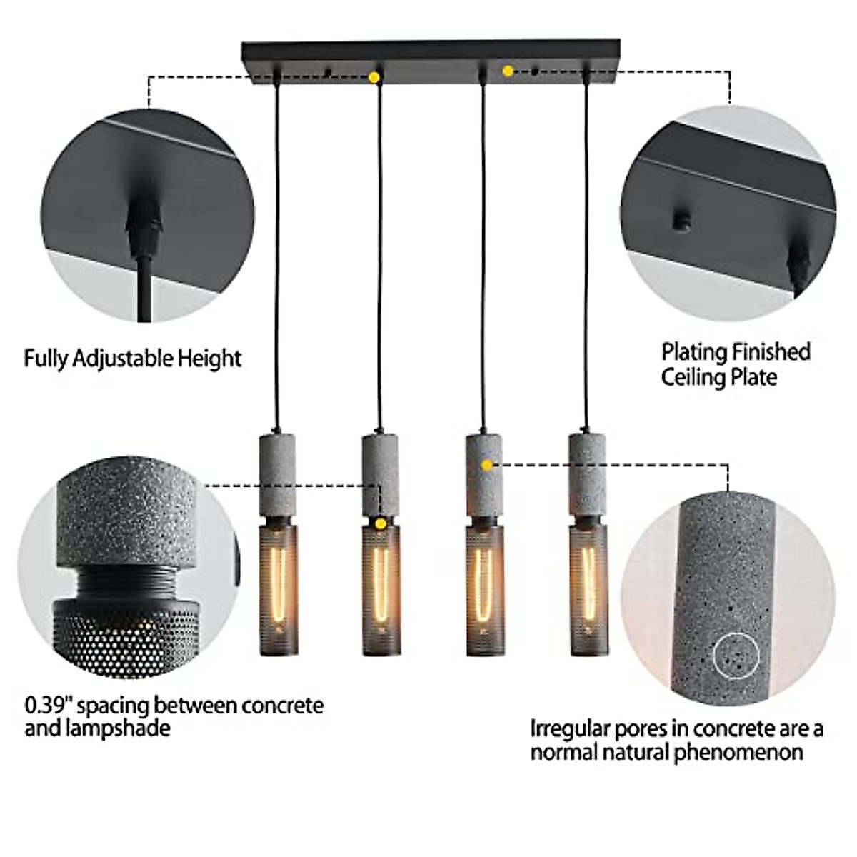 ADCTHOME 4-Light Concrete Linear Pendant Light with a Metal Mesh Shade,Modern Industrial Hanging Cement Pendant Lighting for Kitchen Island Bedroom Living Room Dining Room Light Fixture