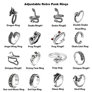 AIDSOTOU Mens Vintage Open Rings Set Frog Snake Skull Cool Punk Goth Ring for Men Women Adjustable (Silver-16 PCS)