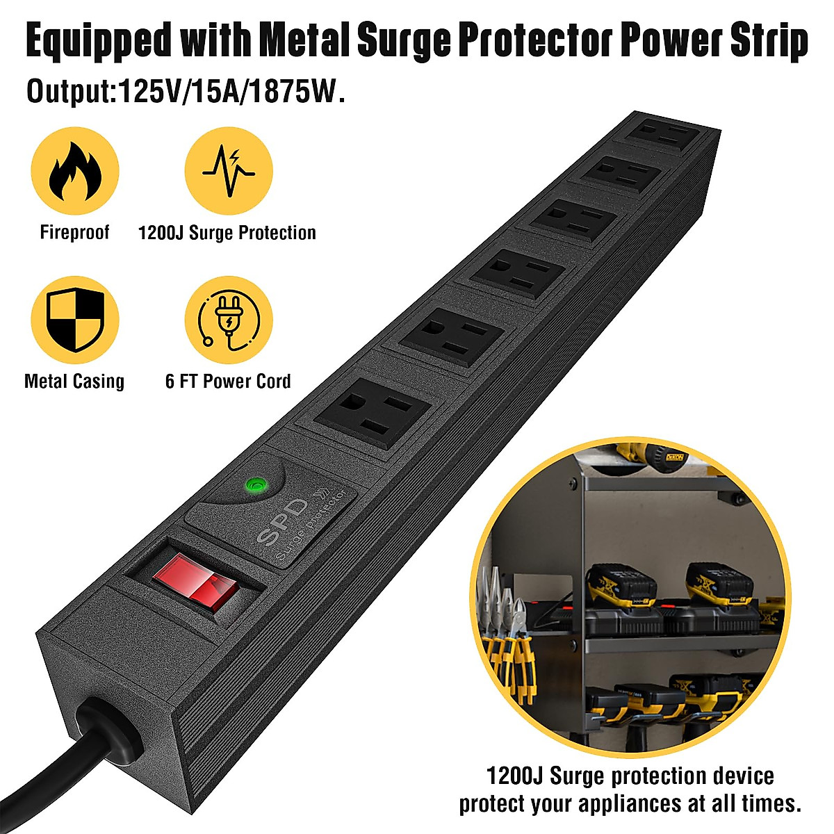 YYR Power Tool Organizer with Charging Station Wall Mount, Cordless Drill and Battery Holder for Garage Organization, Electric Tools Storage Rack Build in Surge Protection Power Strip - Black Shelf