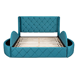 Velvet Queen Storage Bed Frame, Deluxe Upholstered Platform Bed with Wingback Headboard and 1 Big Drawer, 2 Side Storage Stool, No Box Spring Needed/ Easy Assembly (Queen Size, Blue)