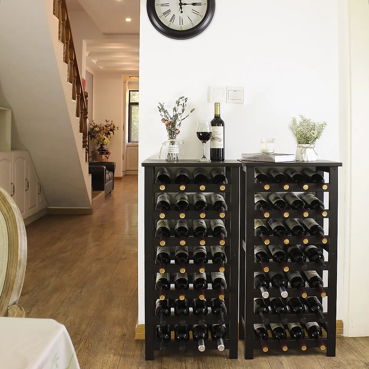 SMIBUY Bamboo Wine Rack, 28 Bottles Display Holder with Table Top, 7-Tier Free Standing Storage Shelves for Kitchen, Pantry, Cellar, Bar (Dark Brown)