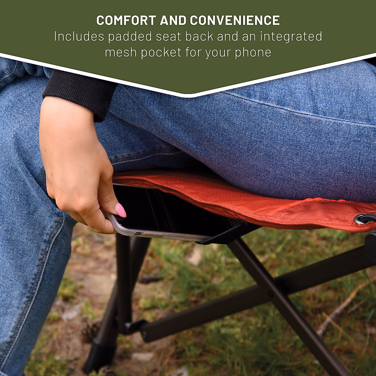 TIMBER RIDGE Bungee Folding Camping Chairs for Adults, Heavy Duty Collapsible Padded Chair with Armrests Cup Holder, Foldable Outdoor Lounge Chairs for Beach, Fishing, Lawn, Supports 300 lbs, Red