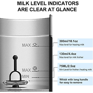 Huogary Electric Milk Frother and Steamer - 4 In 1 Automatic Milk Steamer,300ml/10.1oz Hot& Cold Foam Maker and Milk Warmer For Latte,Cappuccinos,Macchiato,Silent Working,Black,120V