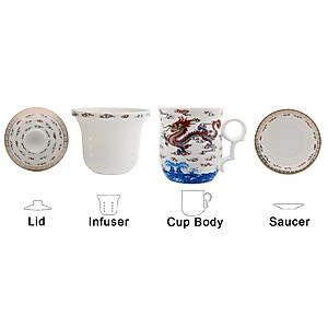 Ameolela Porcelain Tea Cup with Infuser Lid and Saucer Sets - Chinese Jingdezhen Ceramics Coffee Mug Teacup Loose Leaf Tea Brewing System for Home Office