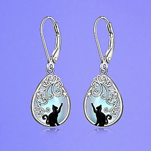 Cat Earrings Moonstone Filigree Earrings for Women Sterling Silver Teardrop Moonstone Black Cat Earring Dangle Cats Jewelry Cute Valentines Christmas Gifts