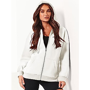Caracilia Women's Hoodies 2023 Fall Jacket Solid Athletic Tops Casual Long Sleeve Fleece Oversized Sweatshirts Cute Teen Girl Zip Up Clothes Winter Loose Fit Warm Cute Sweater A989baise-M White