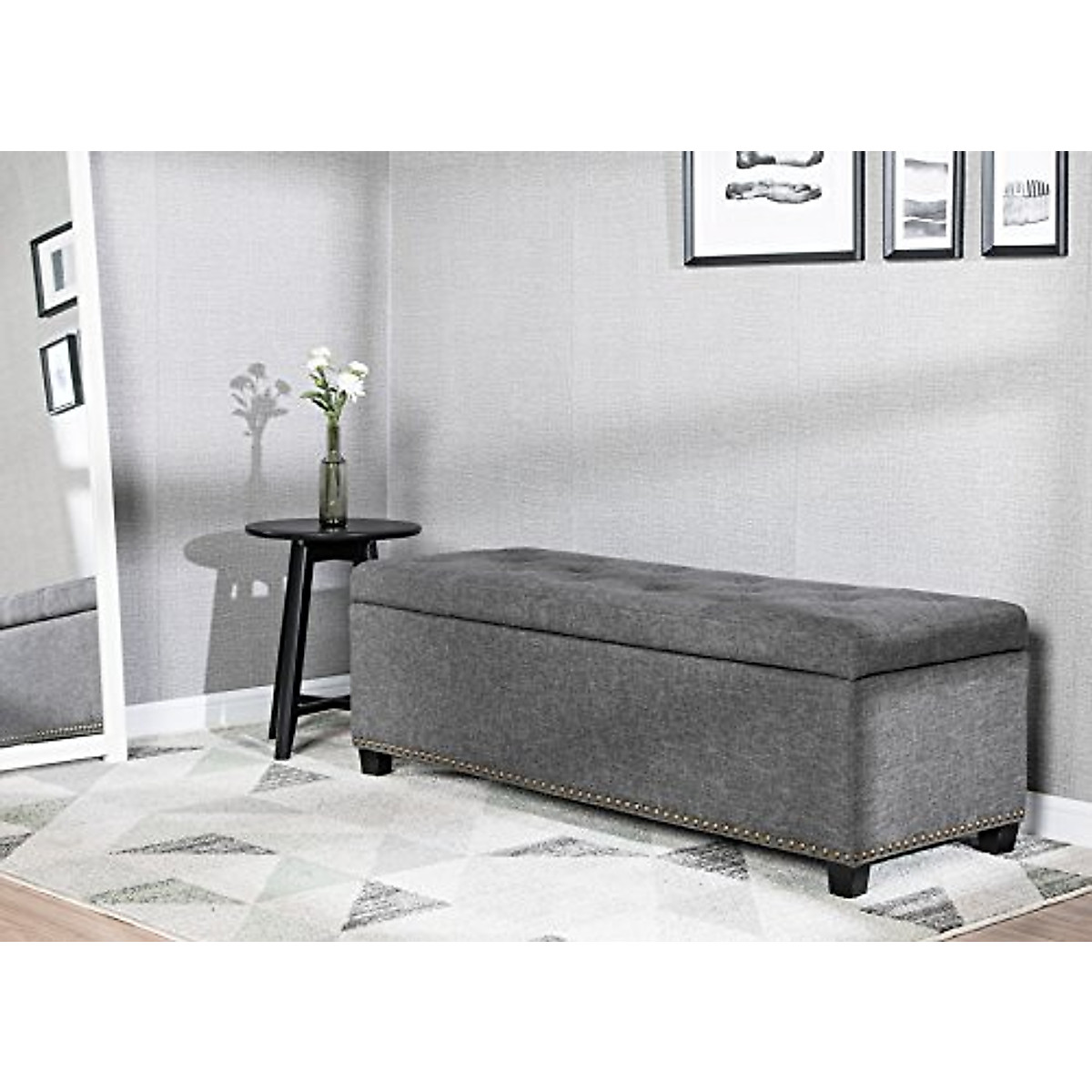 FIRST HILL FHW Thomas Rectangular Storage Ottoman Bench, Large, Stone Grey