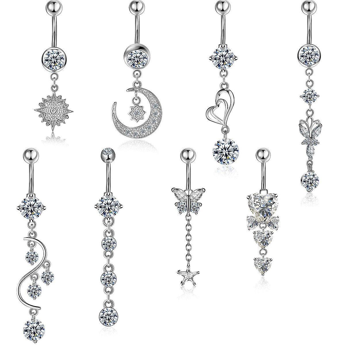 8 Pieces 14G Belly Button Rings Steel Long Dangle Navel Ring CZ Body Piercing Jewelry (Silver)