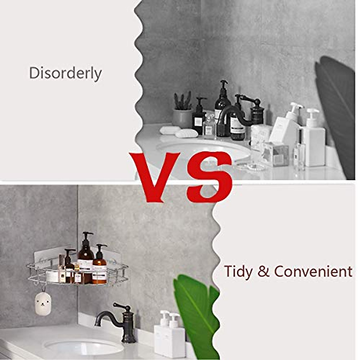 GEMITTO Corner Shower Caddy, SUS304 Stainless Steel Self-adhesive Bathroom Organizer Rack with 3 Stickers+2 Hooks, No Drilling for Shampoo Conditioner Kitchen Spice Storage (Silver)