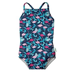 i play. by green sprouts One-piece Swimsuit w/ Built in Reusable Swim Unisex Diaper | Helps provide secure protection for babies & swimmers,Navy Flamingos,3T