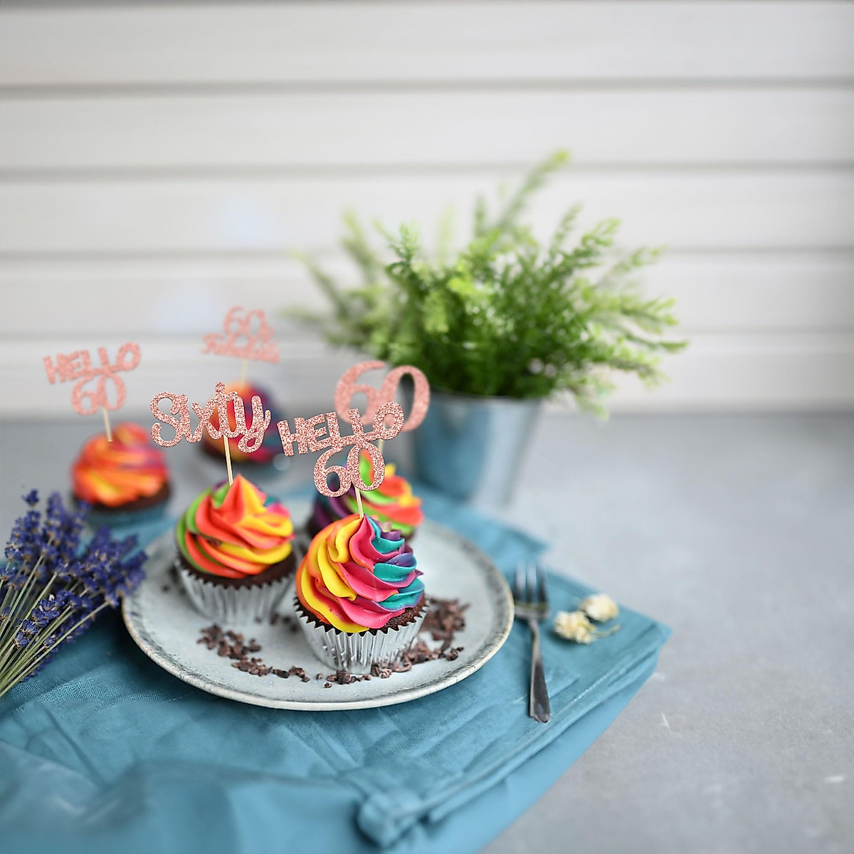 Gyufise 24Pcs Rose Gold Glitter 60th Birthday Cupcake Toppers Hello 60 Sixty Cake Toppers 60 & fabulous Cupcake Picks 60th Birthday Cake Decorations Supplies