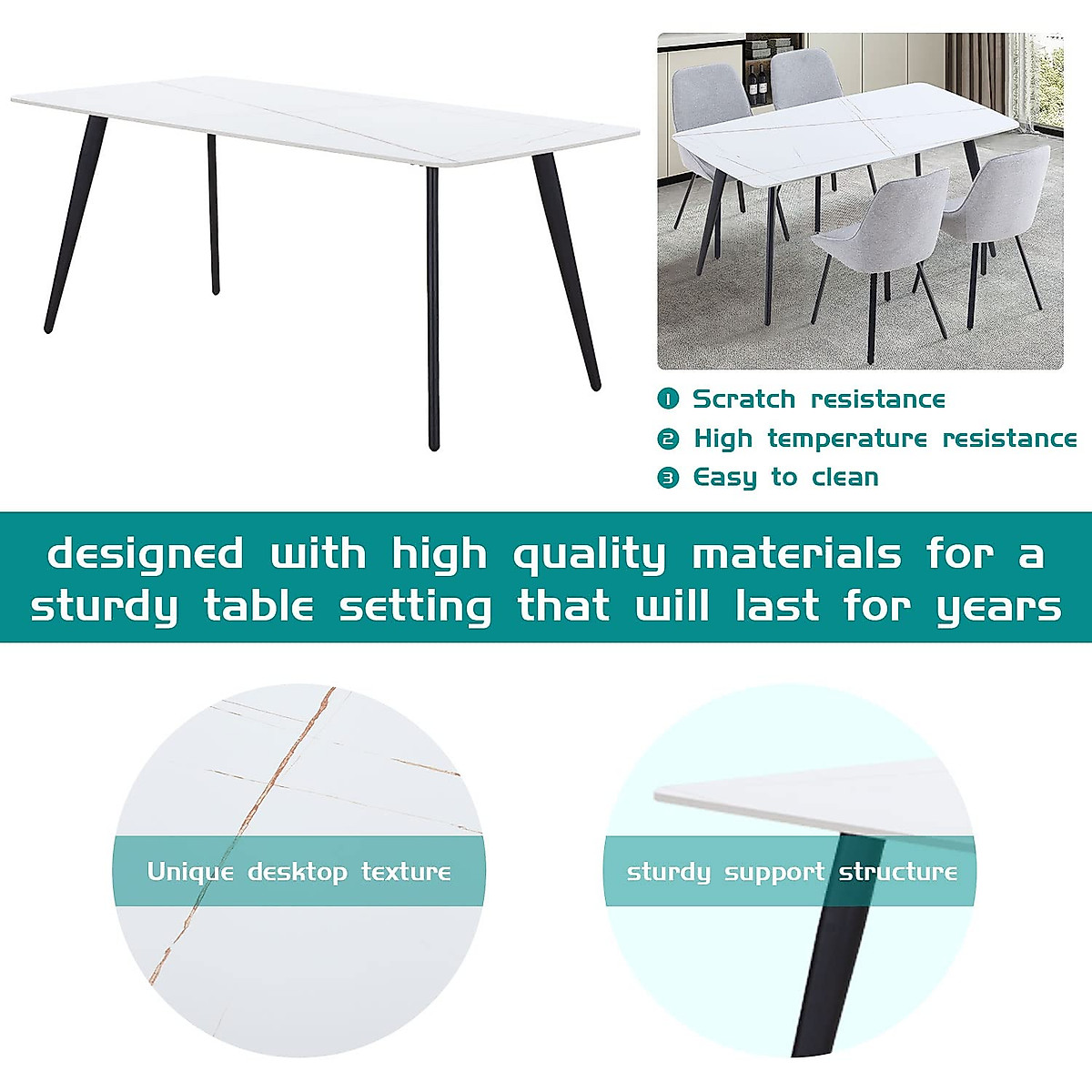 kevinplus 70'' White Dining Table Slate Kitchen Dining Table with Sintered Stone Top, Modern Mid-Century Rectangular Conference Table for Office, Living Room Dinner Table, Metal Legs, White & Gold