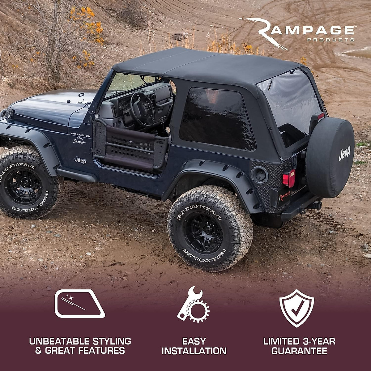 Rampage Frameless Trail Top | Vinyl, Spice Denim Color with Tinted Windows | 109517 | Fits 1997 - 2006 Jeep Wrangler TJ