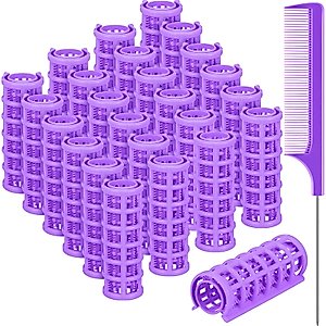 24 Pieces Hair Roller, Small Size Plastic Hair Rollers Hair Curlers with Steel Pintail Comb for Short Hair Long Hair Hairdressing Styling Tools (0.79 x 2.67 Inch, Purple)