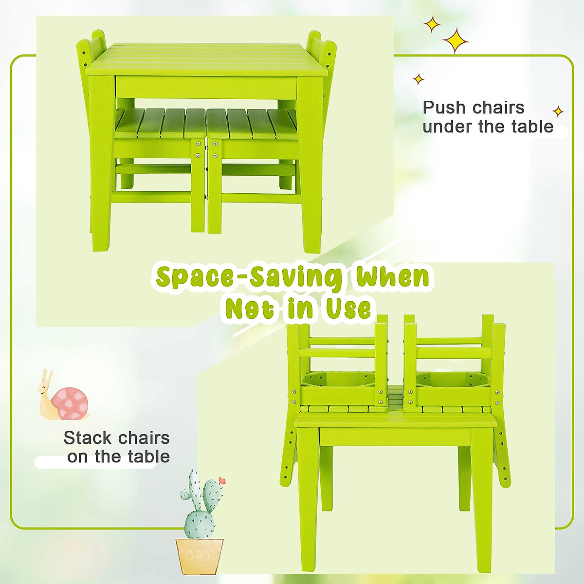 Costzon Kids Table and Chair Set, 3 Piece All-Weather Activity Table for Indoor & Outdoor, Heavy-Duty & Waterproof Furniture Set for Playroom, Nursery, Backyard, Toddler Table and Chair Set (Green)