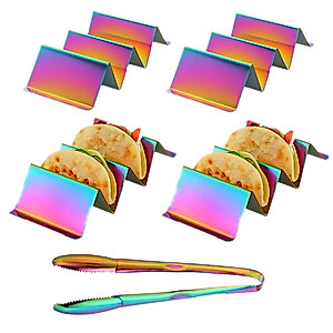 QIBOORUN Taco Holder Stand Set of 4 with 1 Food Tong - Stainless Steel Taco Stand Rack Tray Style, Oven Safe for Baking, Dishwasher and Grill Safe -Rainbow Color