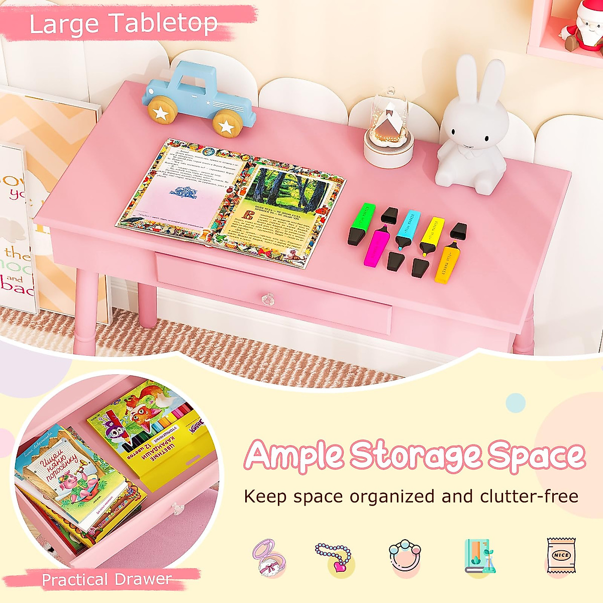 HONEY JOY Pink Crown Makeup Vanity, Includes Chair & Real Glass Mirror, Large Engineered Wood Kids' Vanity Set, Safe & Sturdy, Easy to Install & Clean, Pink