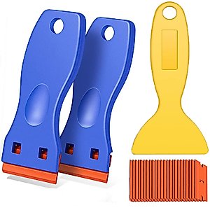 3Pack Plastic Razor Blades Scraper Tool (1Spatula)10 Double Edged blades,No Scratch Sticker Removal Scraper for Cleaning Adhesive Label Decal Glue from Stove top,Glass Window,Cooktop,Car Windshields.